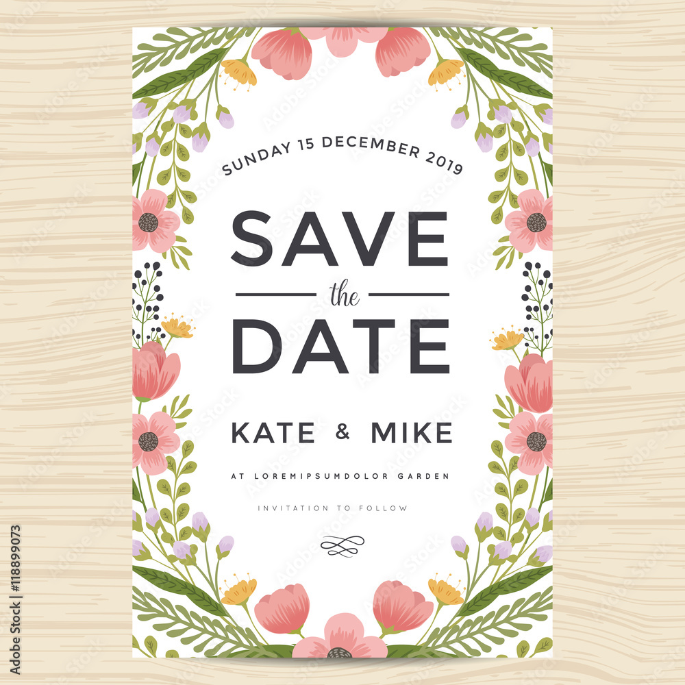 Save The Date Wedding Invitation Card Template With Hand Drawn Wreath