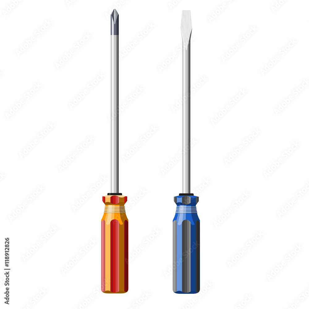 Set of Realistic Screwdrivers, crosshead and flathead. Vector ...
