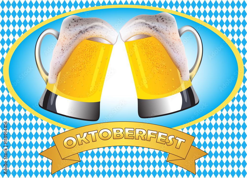 Oktoberfest poster design. Two misted mugs of golden beer clashing ...