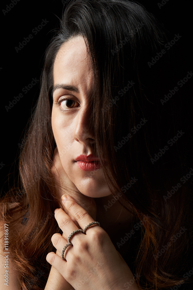 woman face covered with hair Stock Photo | Adobe Stock