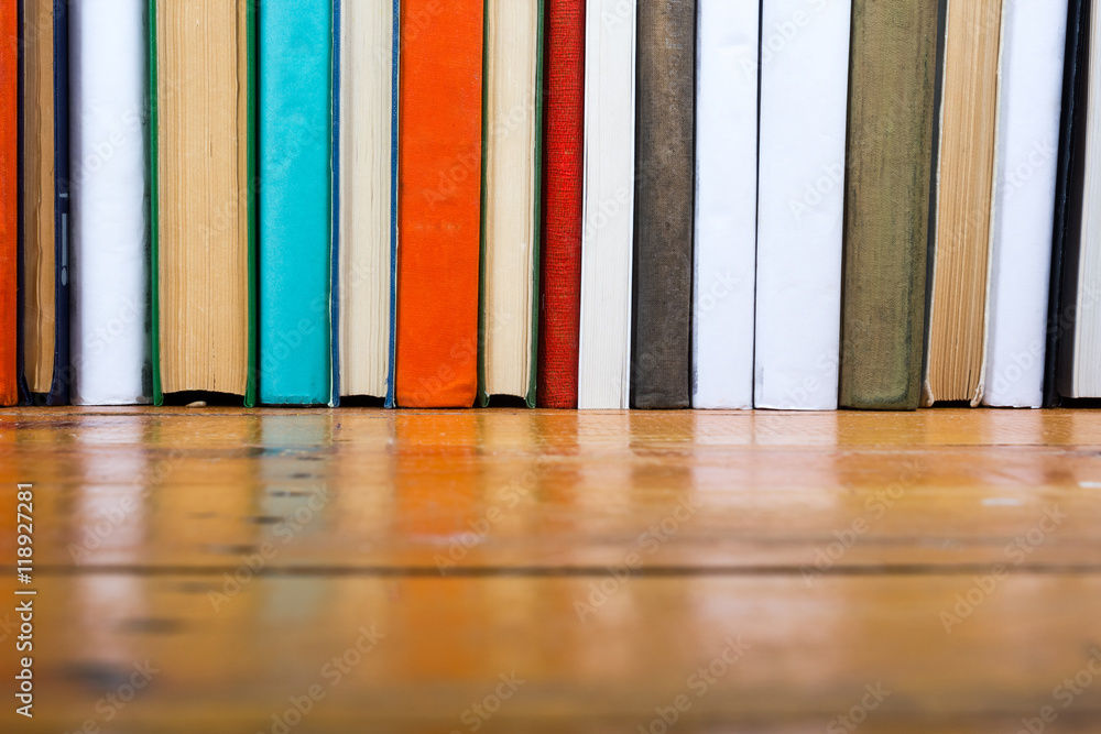 Books on grunge wooden table desk shelf in library. Back to school ...