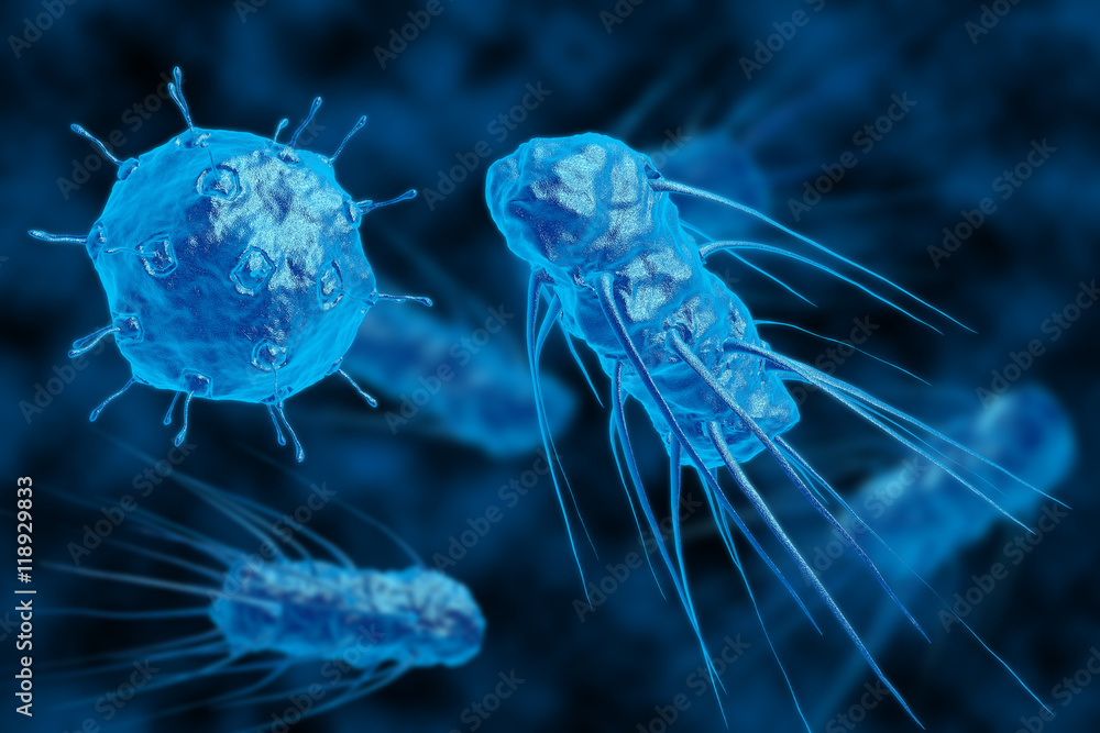 Bacteria 3D render. Cylinder virus blue style. View under a microscope ...