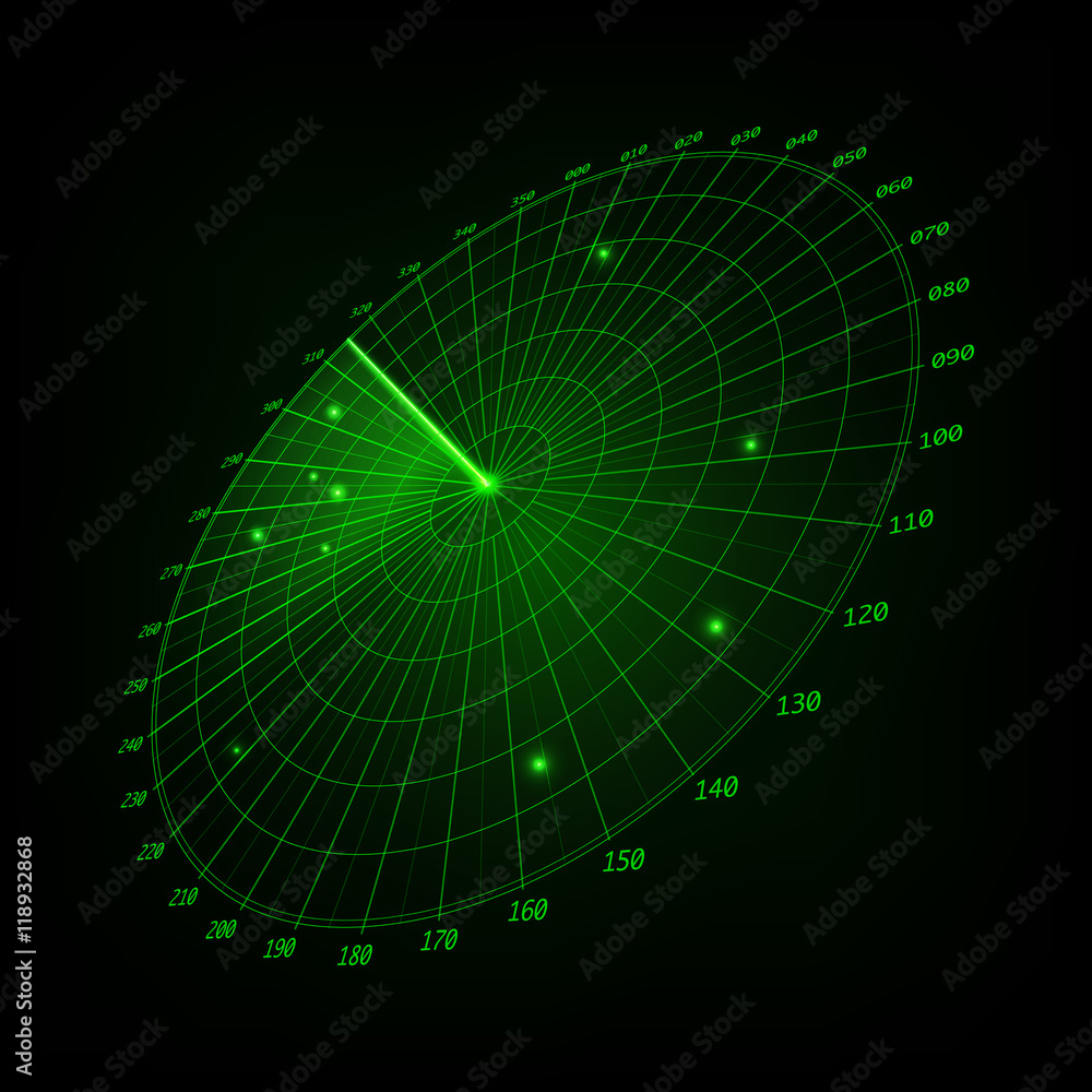 Vector illustration. Green radar screen with aims and 3d perspective ...