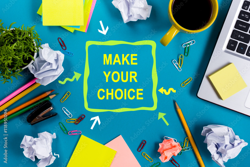 Make your choice. Office table desk with supplies, white blank note pad ...