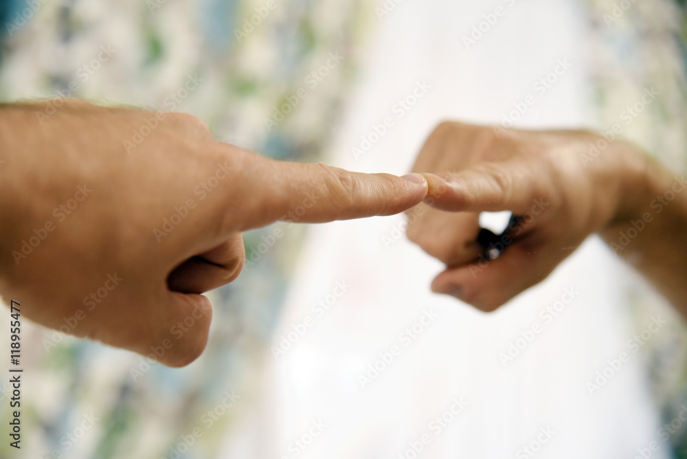 Hand fingers touch mirror reflective Stock-Foto | Adobe Stock
