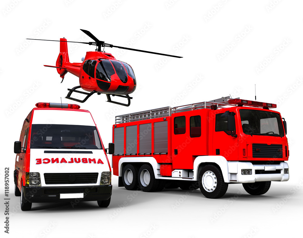 Emergency vehicles fleet / 3D render image representing an emergency ...