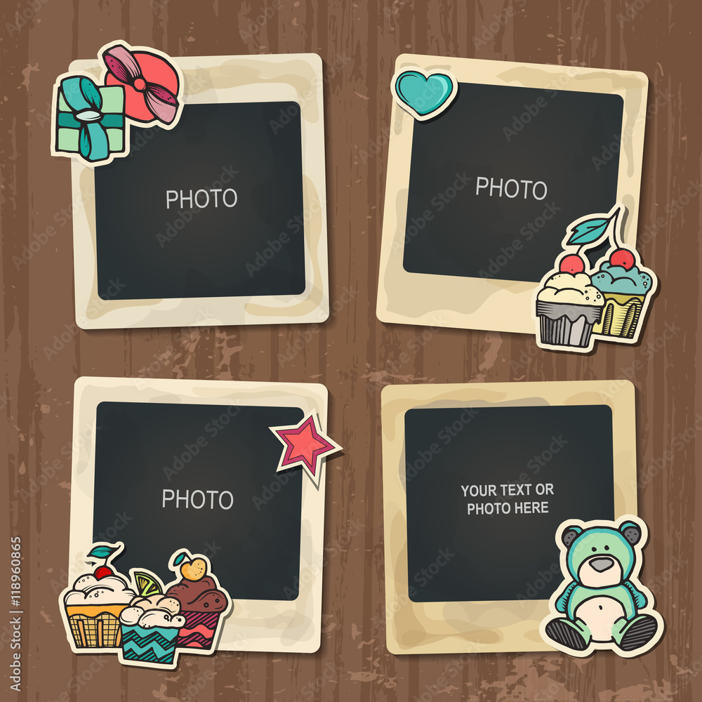 Collage photo frame on vintage background. Album template for kid, baby ...