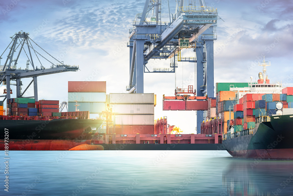 Container Cargo ship with working crane bridge in seaport for lo Stock ...