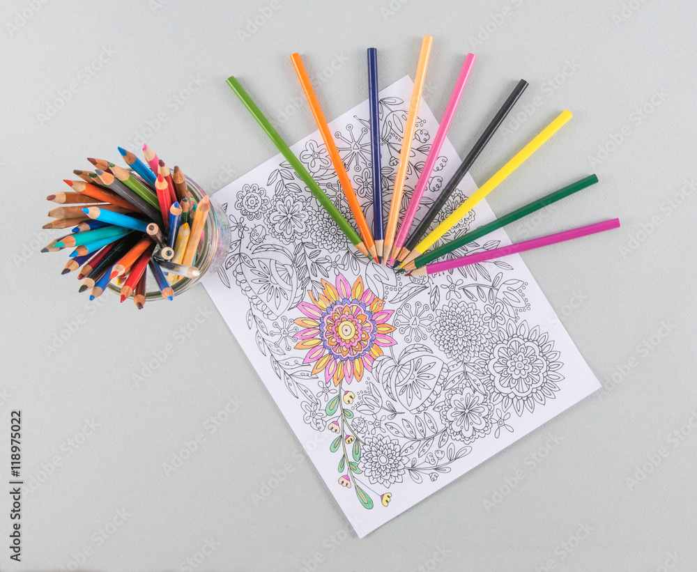Adult Coloring Page and Bright Colored Pencils Stock Photo | Adobe Stock