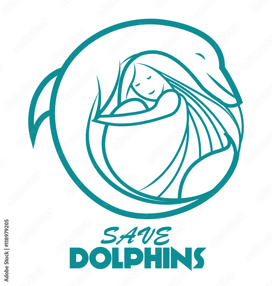 Vector logo, label dolphin with girl. Dolphin illustration. Save ...