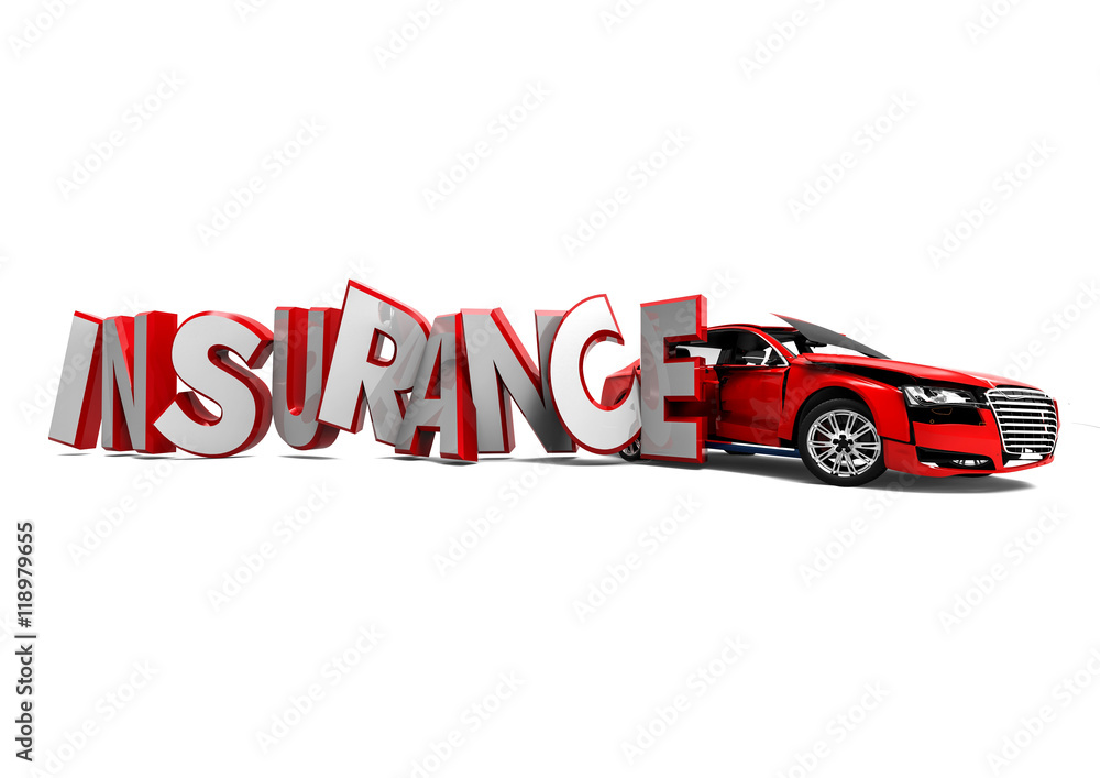 Insurance concept / 3D render image of 3D text crushing in to a car ...