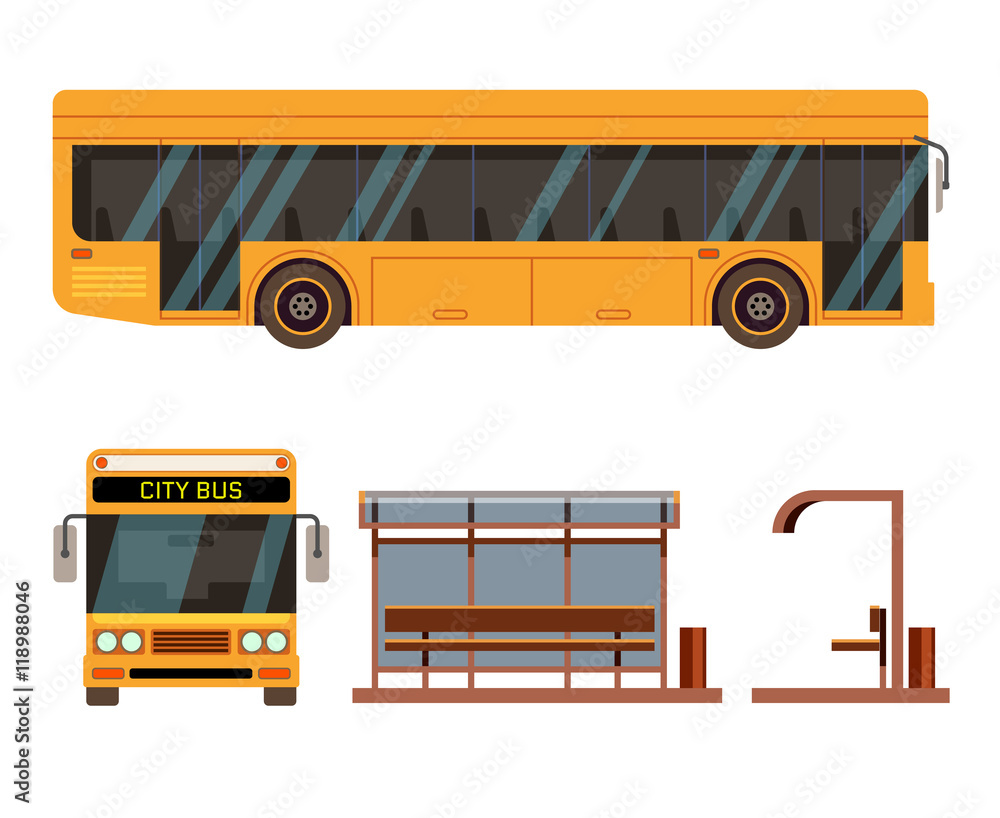 Bus stop in side and front view positions. Vector flat style elements ...