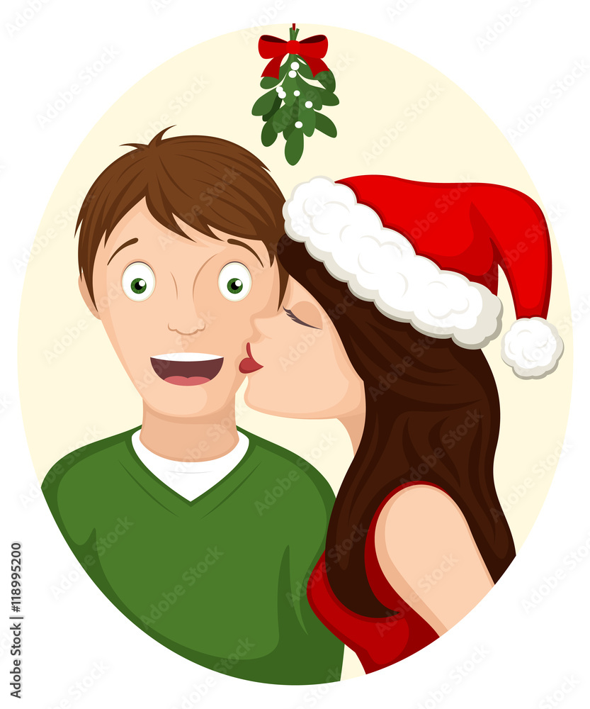 Vector Illustration Of A Cartoon Couple Kissing Beneath Holiday