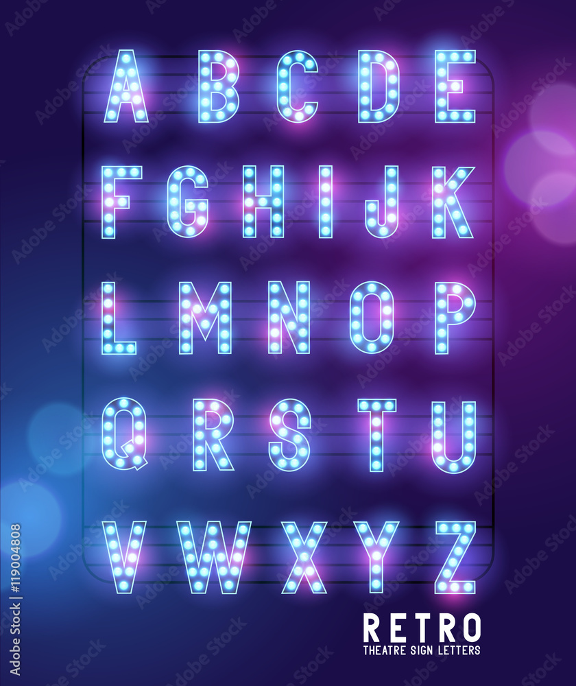 Retro lightbulb glowing theatre and cinema sign letters. Vector ...