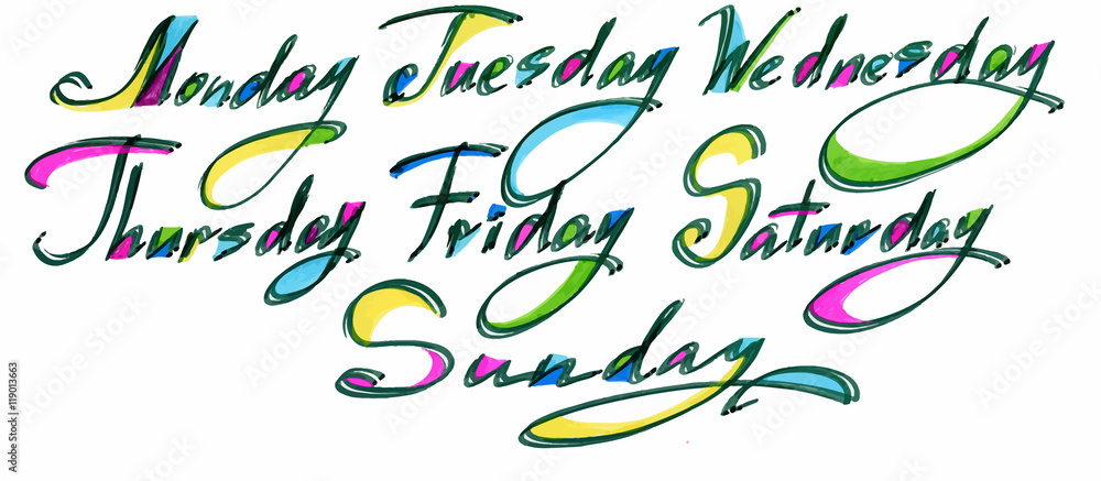 Handwritten days of the week Monday, Tuesday, Wednesday, Thursday ...