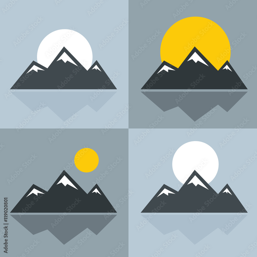 Mountain icons with sun and reflection Stock Vector | Adobe Stock