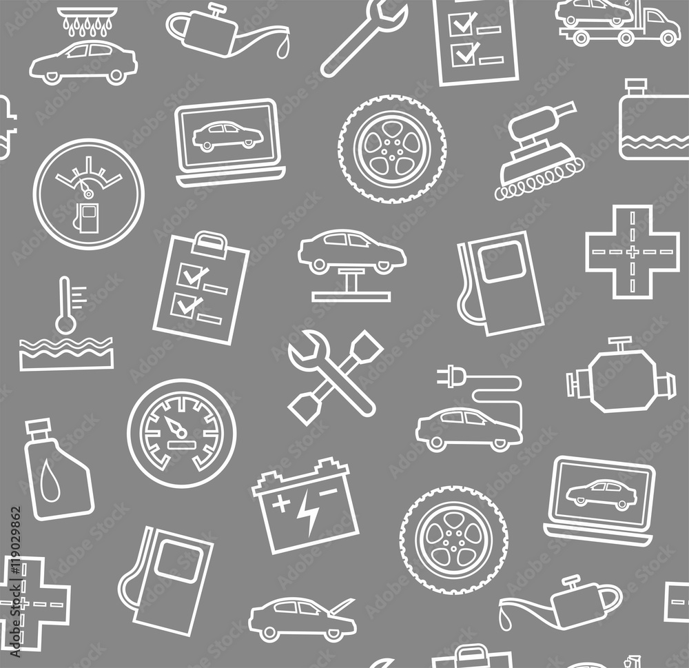 Repair and maintenance of vehicles, seamless grey background. Vector ...