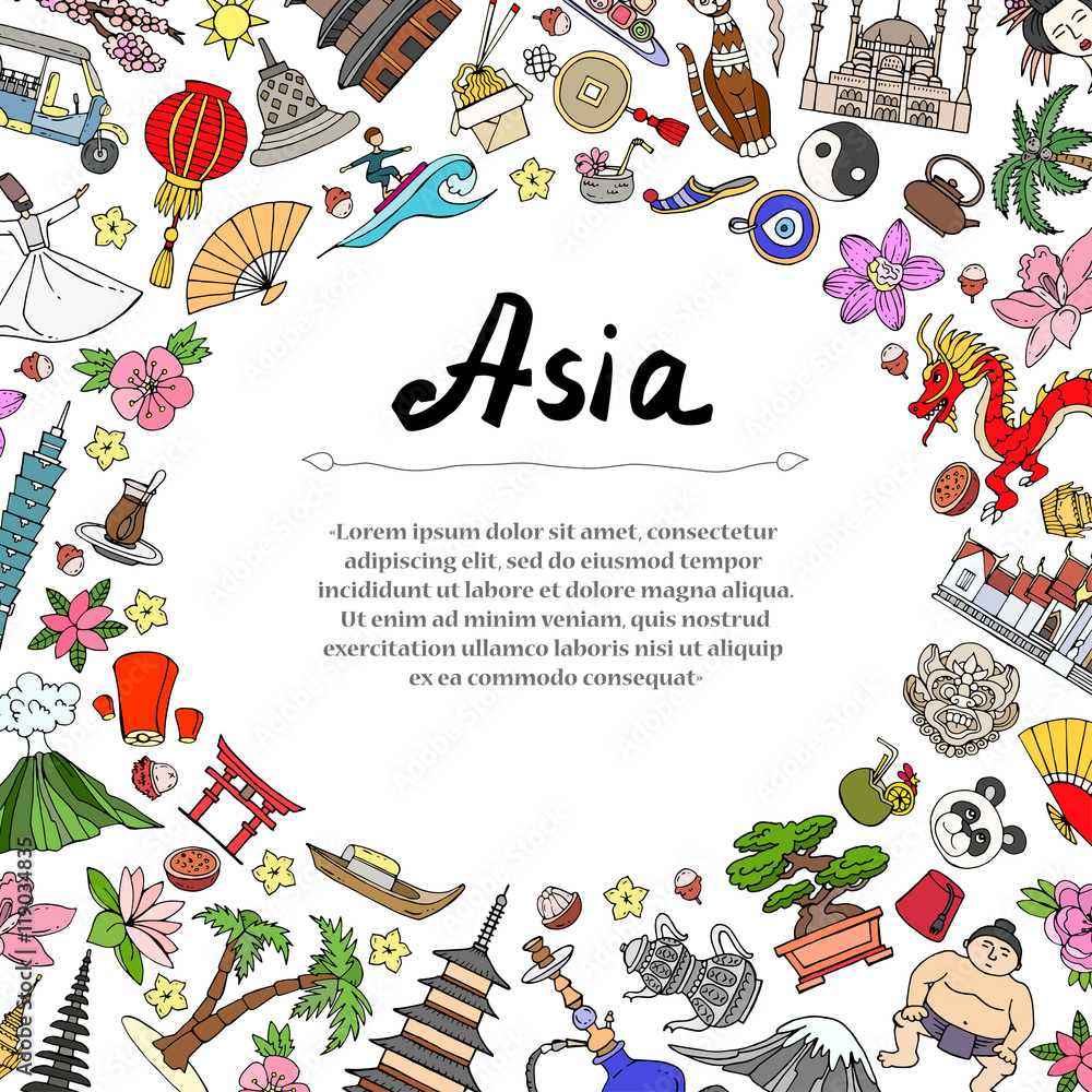 Cute decorative cover with hand drawn colored symbols of Asian ...