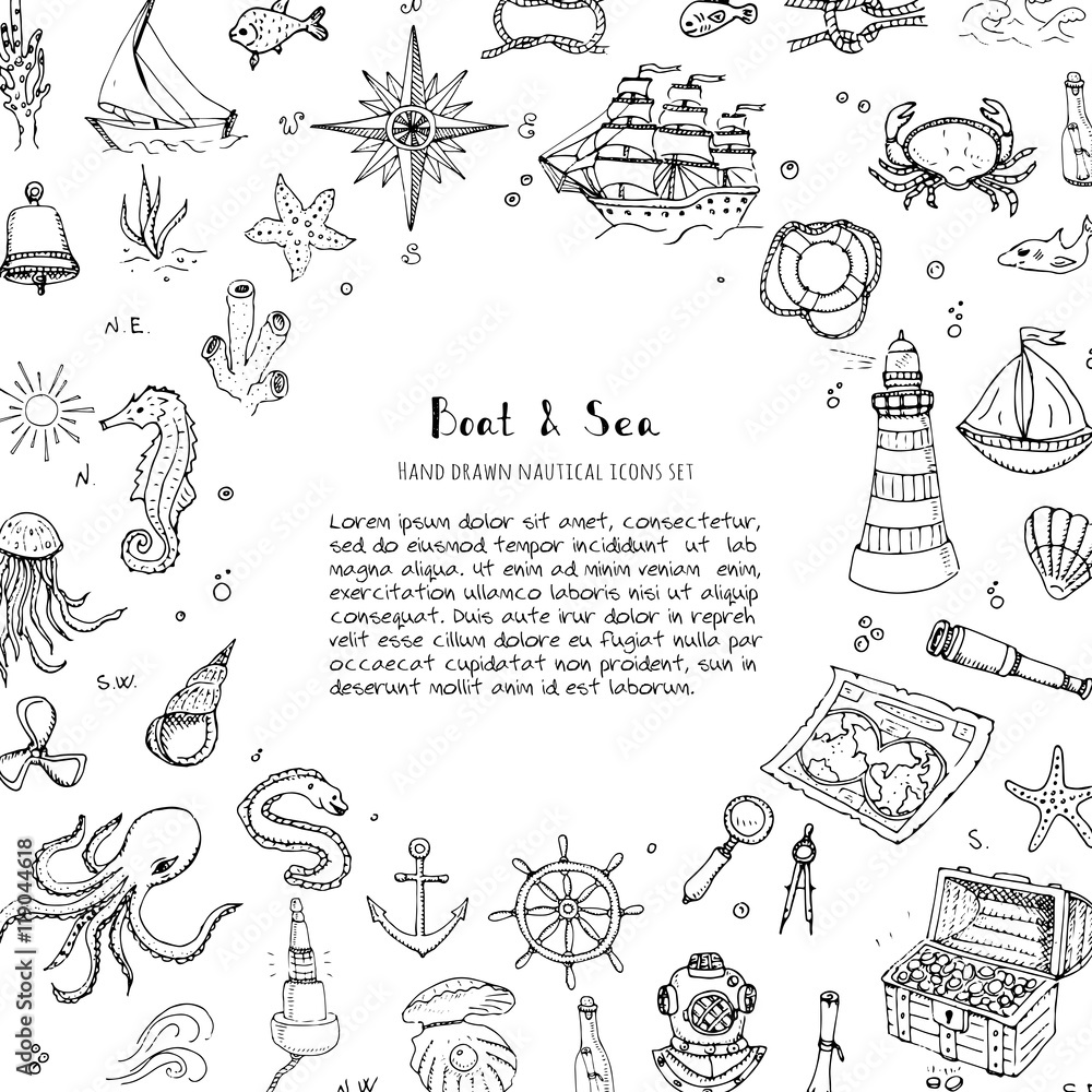 Hand drawn doodle Boat and Sea set Vector illustration boat icons sea ...