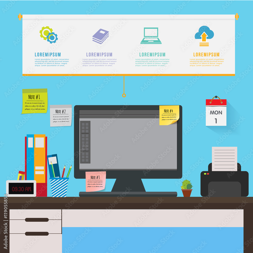 Desk in office infographic. Workplace table of worker,sticky note.Can ...