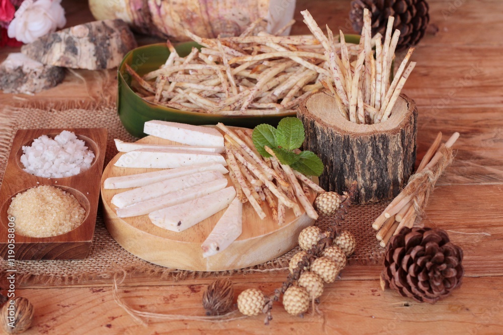 Fresh taro and taro stick with salt. Stock Photo | Adobe Stock