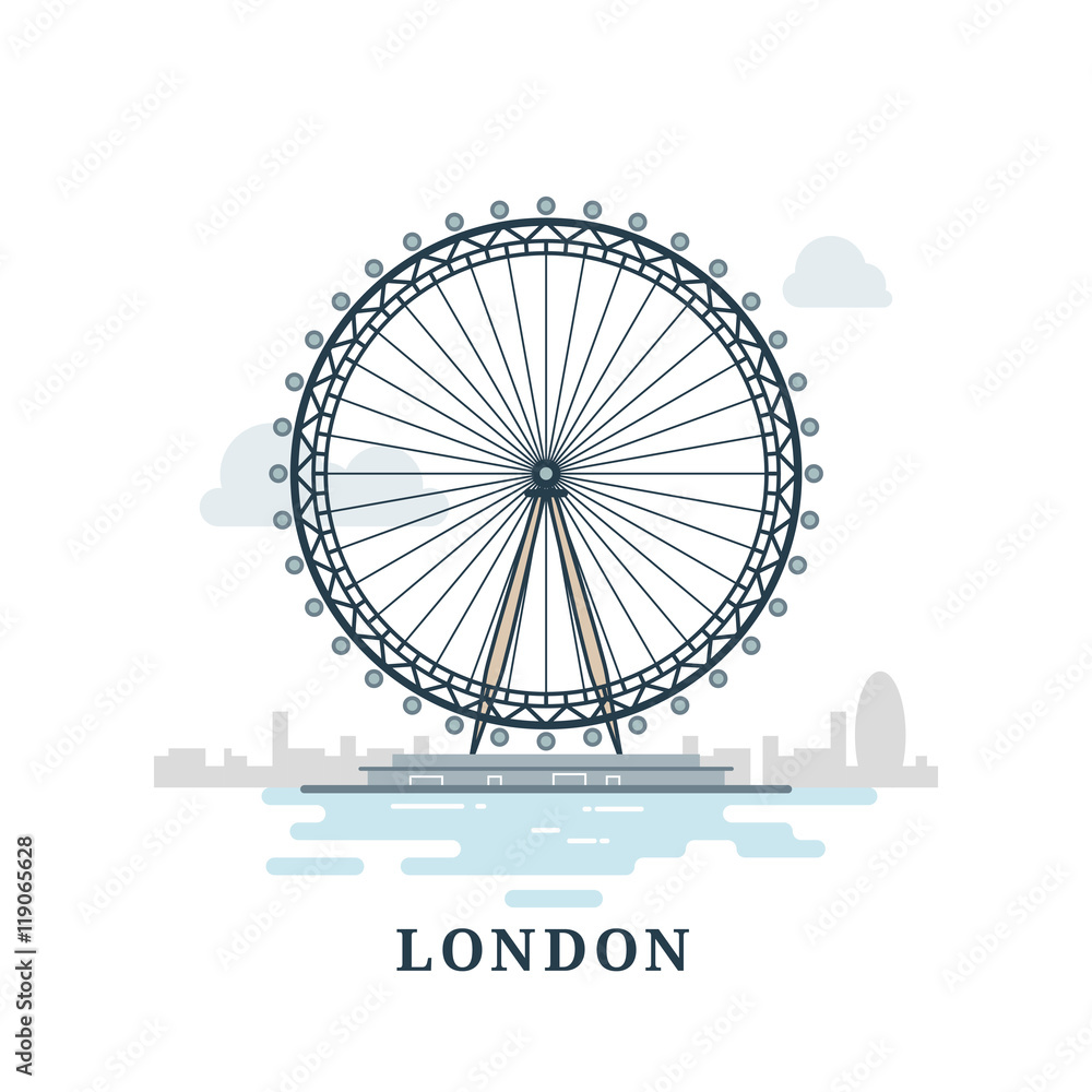 Flat modern vector London, the capital of Great Britain with London Eye ...