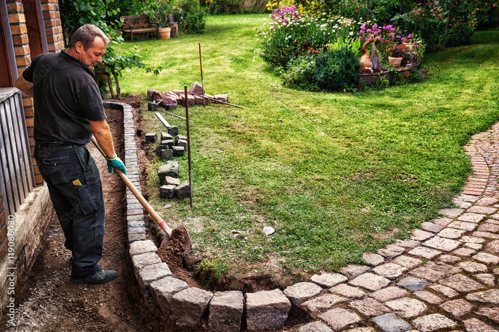 Poster Preparing the Paving: Placing the Edging – Wall Art | UkPosters