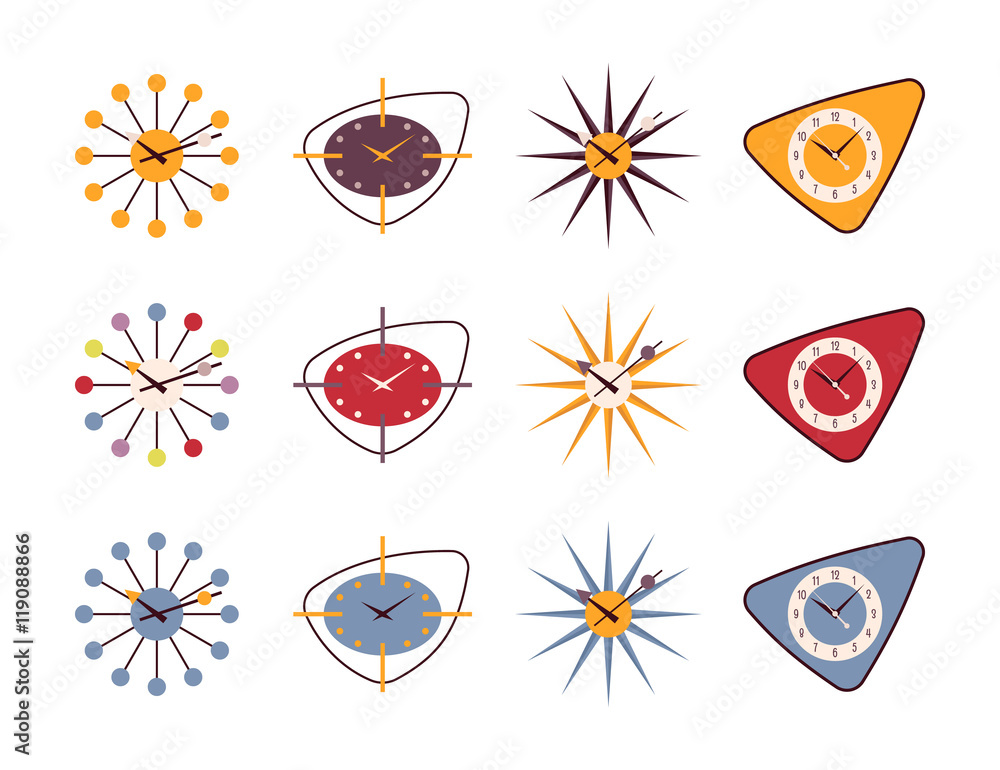 Set of retro wall clocks isolated against the white background. Cartoon ...