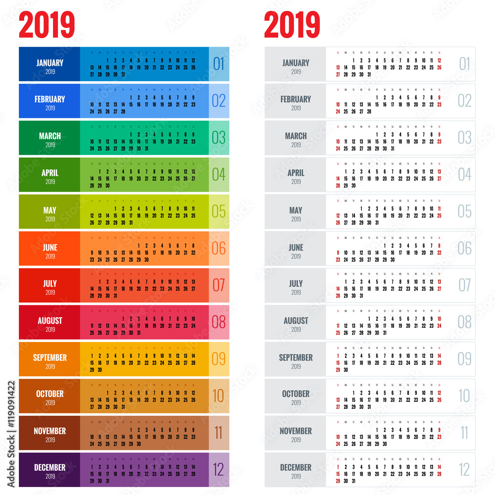 Yearly Wall Calendar Planner Template for 2019 Year. Vector Design ...