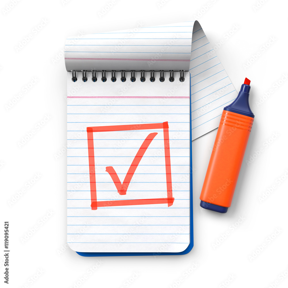 Notepad with orange highlighter and check mark.Tick.3D rendering ...