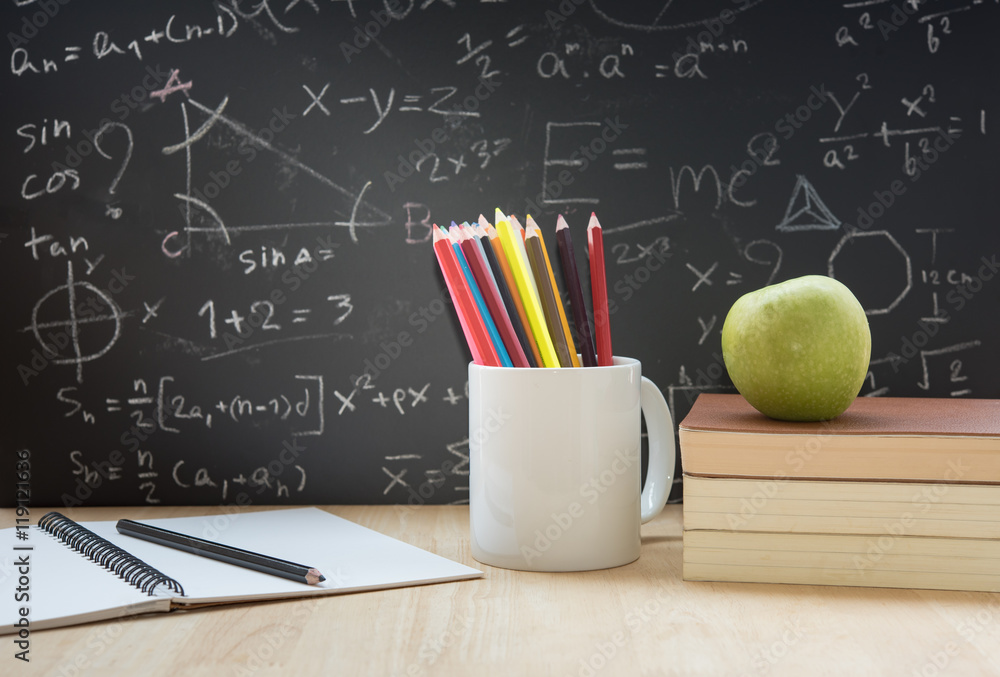 Education element on desktop and back to school background. Stock Photo ...