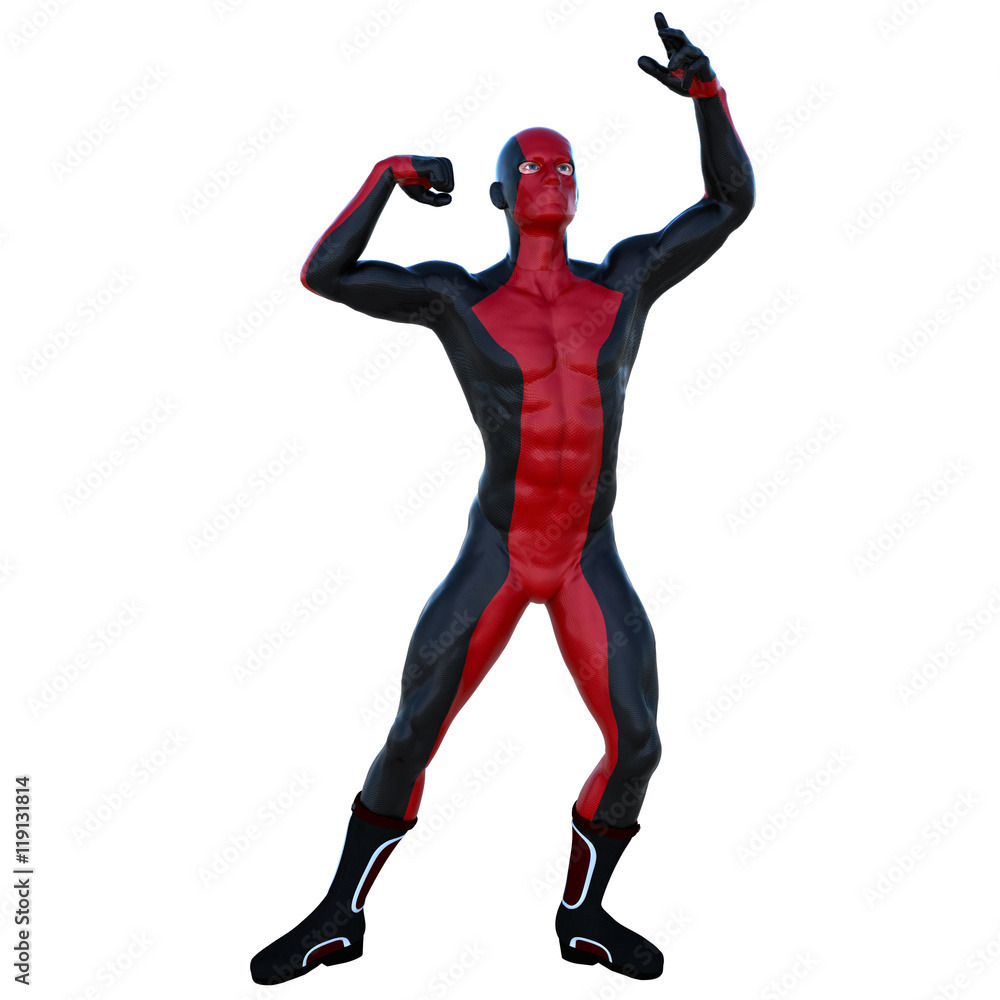 one young superhero man with muscles in red black super suit. He stands ...