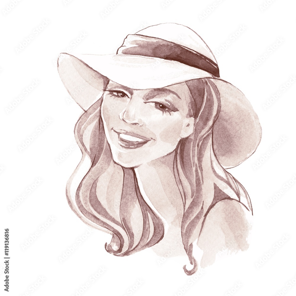 Girl in a hat. Fashion sketch. Hand drawn illustration. Watercolor ...