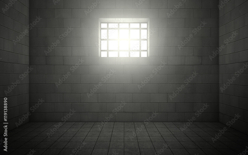 Prison cell with light shining through a barred window Stock ...