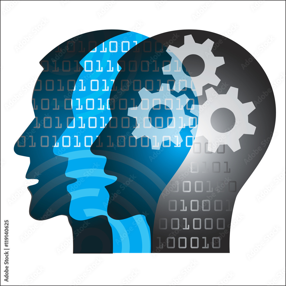 Human heads with binary codes. Three Male head silhouettes with gear ...