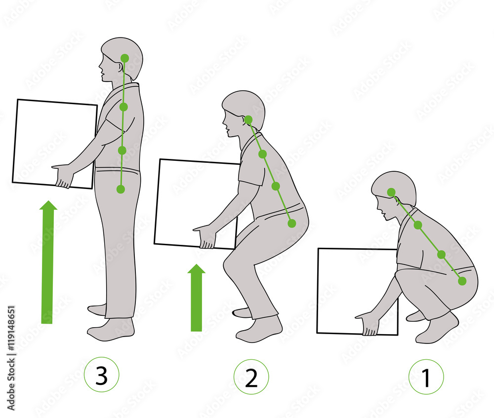Correct posture to lift a heavy object safely. Illustration of health ...