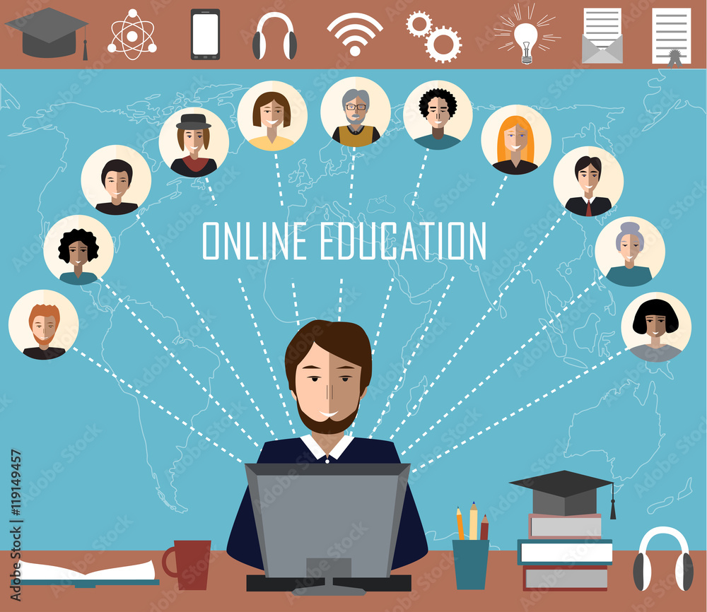 Tutor and his online education group on the world map background ...