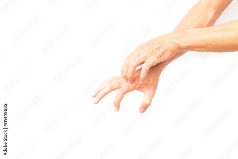 Man hand scratching arm on white background for healthy concept Stock ...