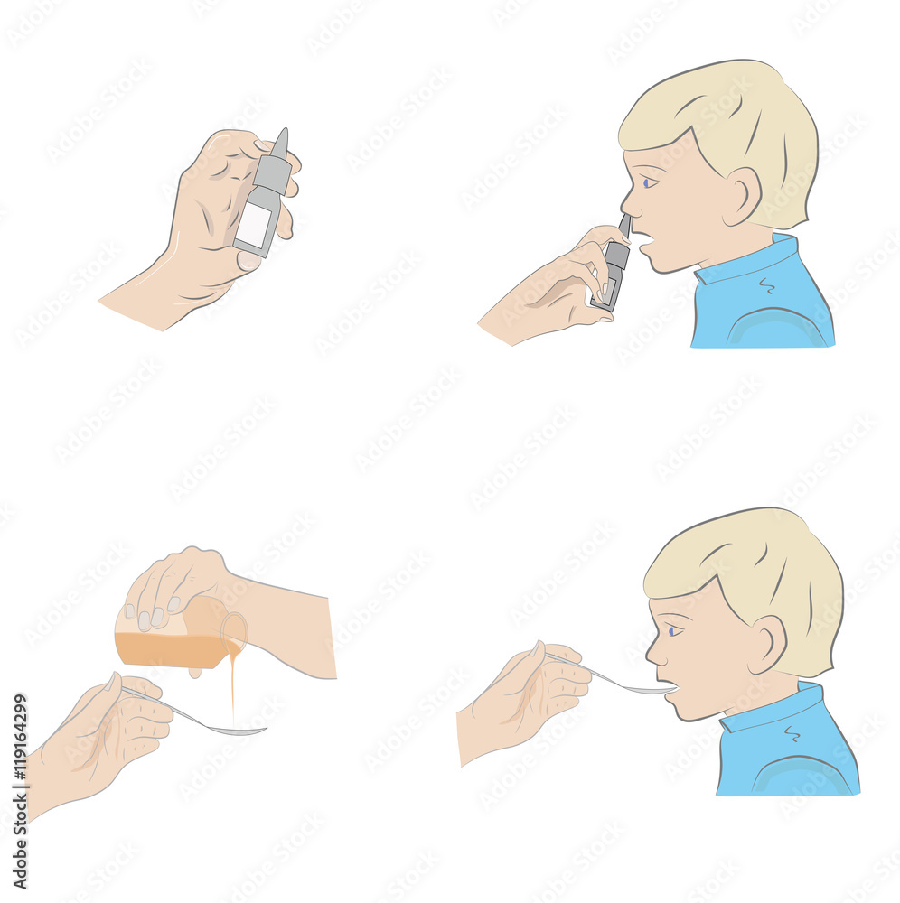 set cartoons: Doctor hand giving spoon dose of medicine liquid drinking ...