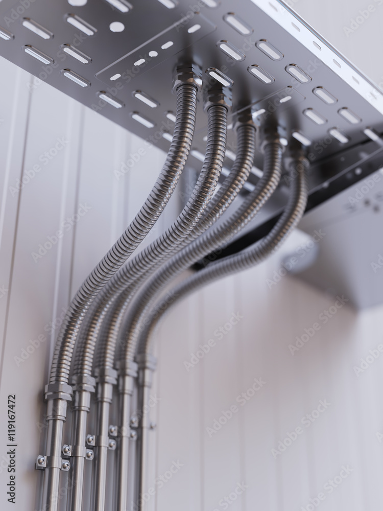 Metal pipes with flexible part and cable tray inlet Stock Photo | Adobe ...