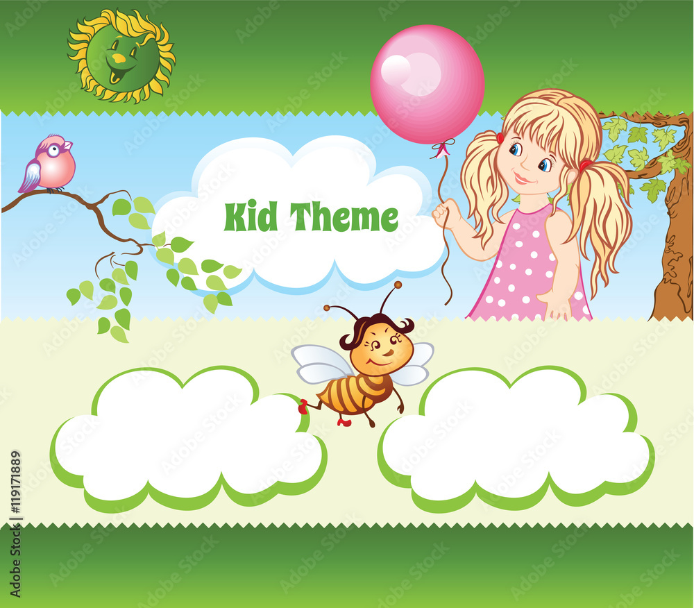 Green background for kid template with girl and animals Stock Vector ...