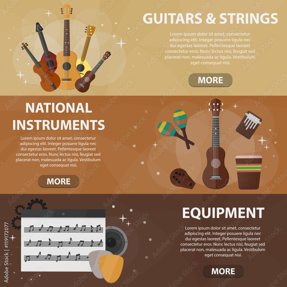 Vector flat horizontal banners of guitars, national instruments and ...
