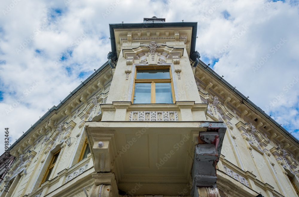 Bay window of old tenement house in Brasov city in Romania Stock Photo ...