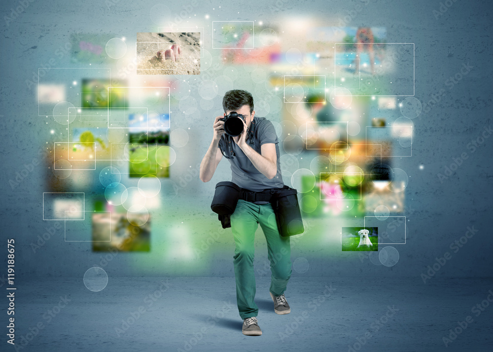 Photographer with pictures from the past Stock Photo | Adobe Stock