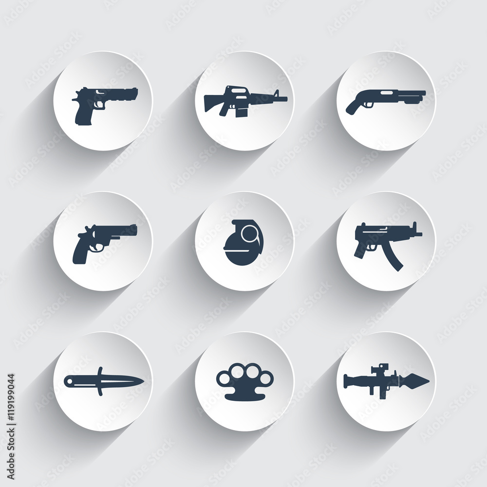 weapons icons set, pistol, guns, rifle, revolver, shotgun, grenade ...