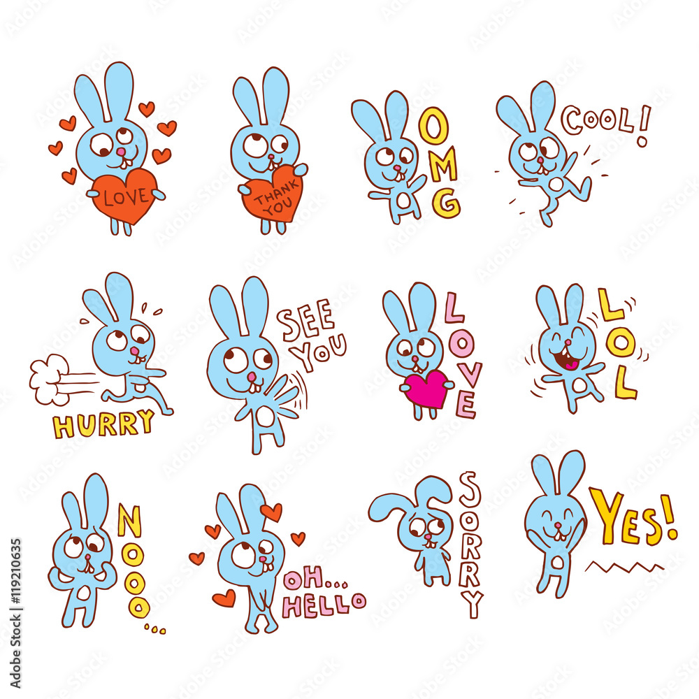 cute bunny character emoticons stickers set Stock Vector | Adobe Stock