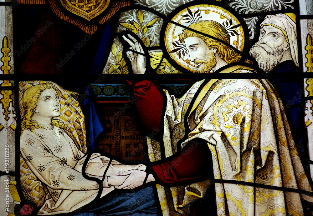 Jesus Christ healing a sick girl in stained glass Stock Photo | Adobe Stock