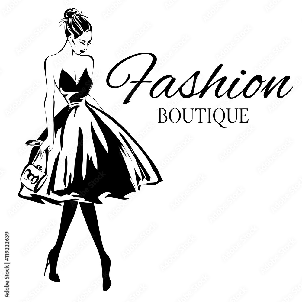 Fashion boutique logo with black and white woman silhouette vector ...