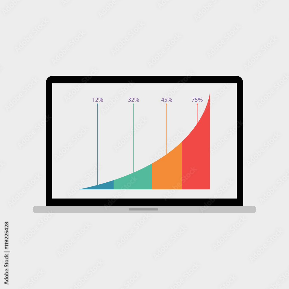 Laptop with graph, notebook with the schedule on a white background ...