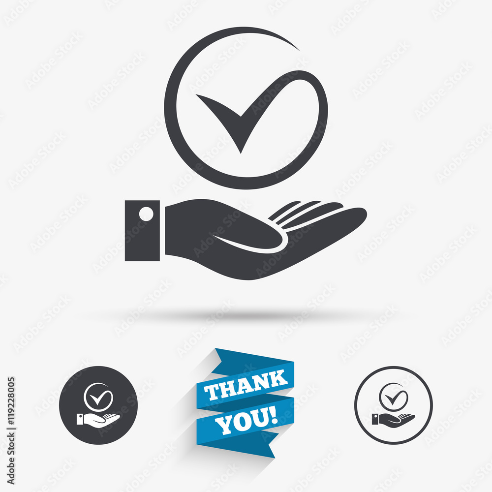 Tick and hand sign. Palm holds check mark symbol Stock Vector | Adobe Stock